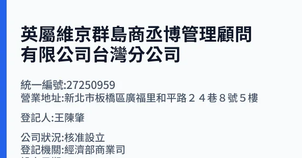 英屬維京群島商丞博管理顧問有限公司台灣分公司的照片-統編 27250959(新北市) 公司登記資料與營業項目詳細圖表
