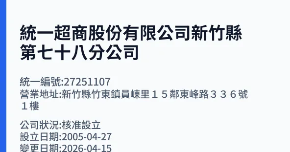 統一超商股份有限公司新竹縣第七十八分公司 - 統編 27251107(新竹縣) 公司登記資料與營業項目詳細圖表