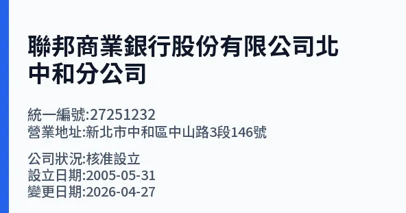 聯邦商業銀行股份有限公司北中和分公司的照片-統編 27251232(新北市) 公司登記資料與營業項目詳細圖表