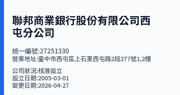 聯邦商業銀行股份有限公司西屯分公司的照片-統編 27251330(臺中市) 公司登記資料與營業項目詳細圖表