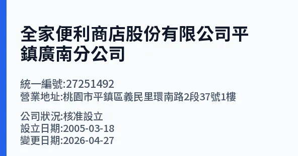 全家便利商店股份有限公司平鎮廣南分公司的照片-統編 27251492(桃園市) 公司登記資料與營業項目詳細圖表