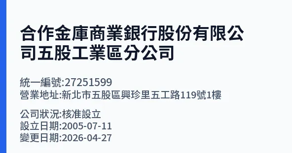 合作金庫商業銀行股份有限公司五股工業區分公司的照片-統編 27251599(新北市) 公司登記資料與營業項目詳細圖表