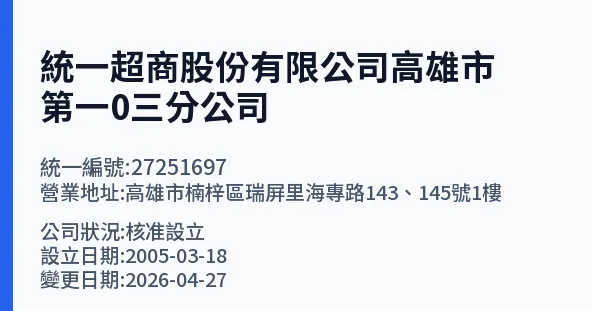 統一超商股份有限公司高雄市第一0三分公司的照片-統編 27251697(高雄市) 公司登記資料與營業項目詳細圖表