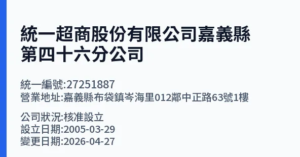 統一超商股份有限公司嘉義縣第四十六分公司的照片-統編 27251887(嘉義縣) 公司登記資料與營業項目詳細圖表