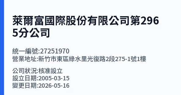 萊爾富國際股份有限公司第2965分公司的照片-統編 27251970(新竹市) 公司登記資料與營業項目詳細圖表
