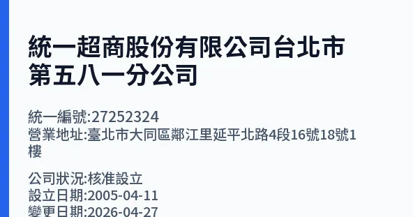 統一超商股份有限公司台北市第五八一分公司的照片-統編 27252324(臺北市) 公司登記資料與營業項目詳細圖表
