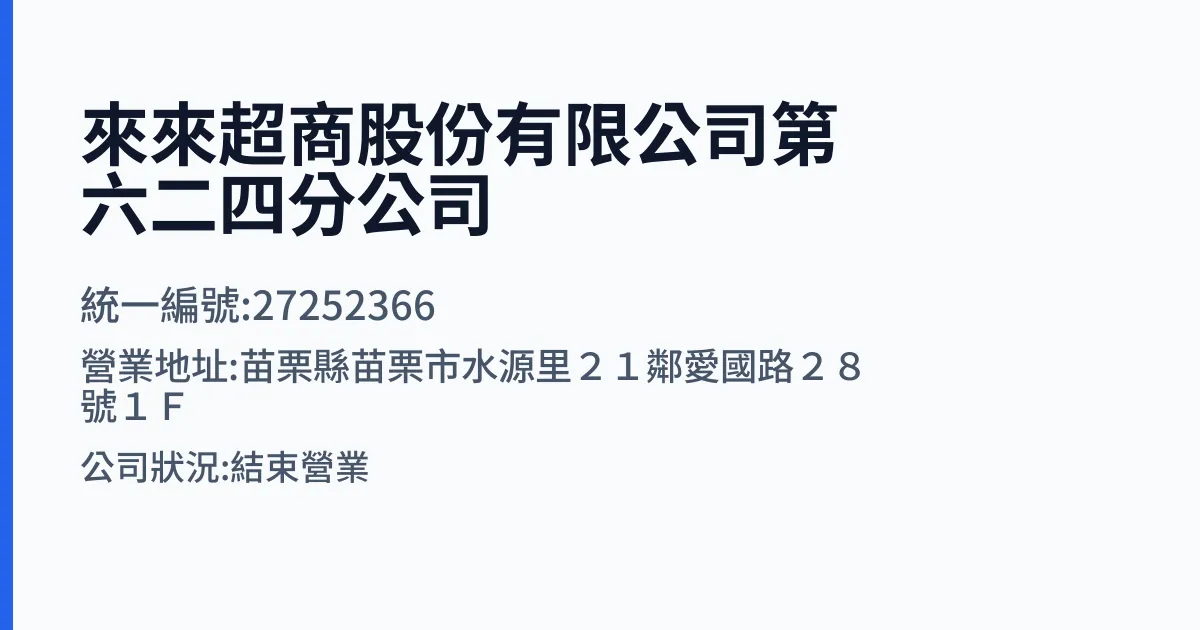 來來超商股份有限公司第六二四分公司 - 統編 27252366(苗栗縣) 公司登記資料與營業項目詳細圖表