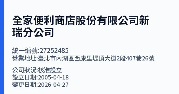 全家便利商店股份有限公司新瑞分公司的照片-統編 27252485(臺北市) 公司登記資料與營業項目詳細圖表