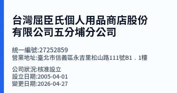 台灣屈臣氏個人用品商店股份有限公司五分埔分公司的照片-統編 27252859(臺北市) 公司登記資料與營業項目詳細圖表