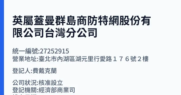 英屬蓋曼群島商防特網股份有限公司台灣分公司的照片-統編 27252915(臺北市) 公司登記資料與營業項目詳細圖表