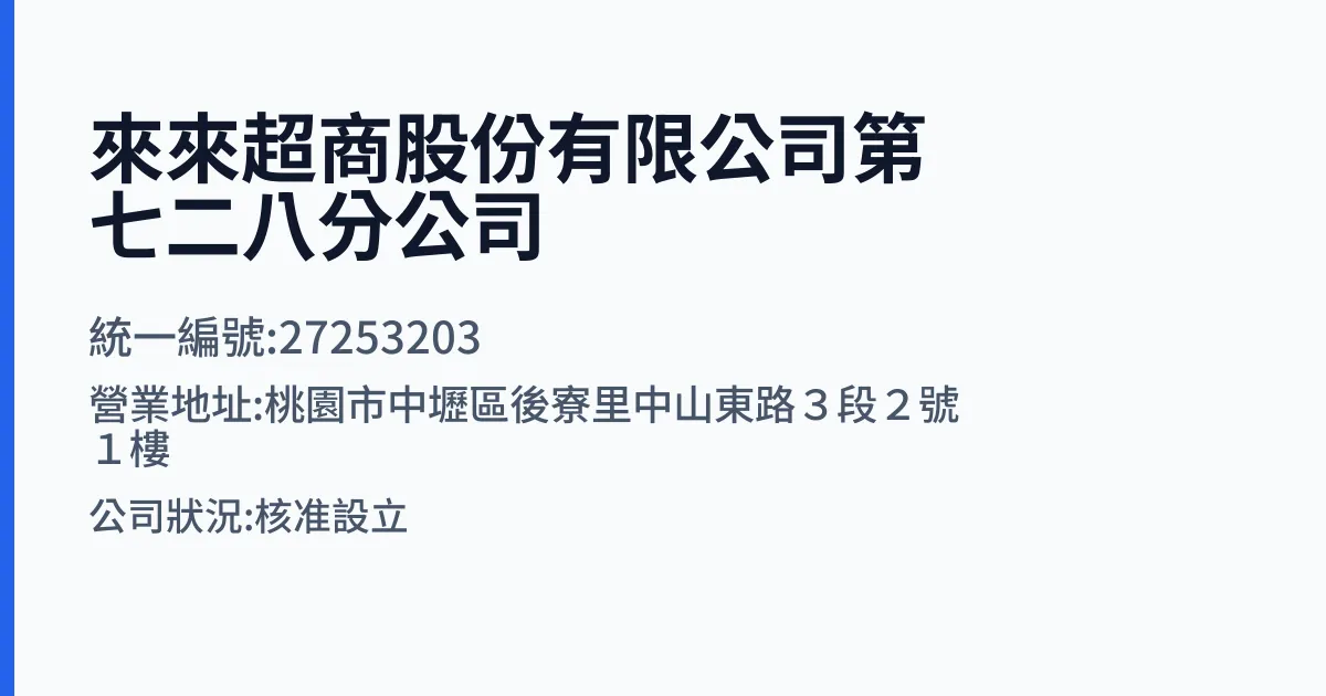 來來超商股份有限公司第七二八分公司 - 統編 27253203(桃園市) 公司登記資料與營業項目詳細圖表