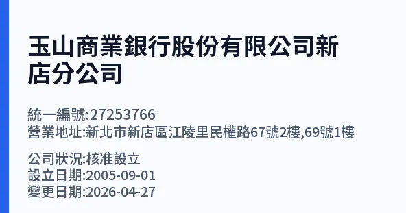 玉山商業銀行股份有限公司新店分公司的照片-統編 27253766(新北市) 公司登記資料與營業項目詳細圖表
