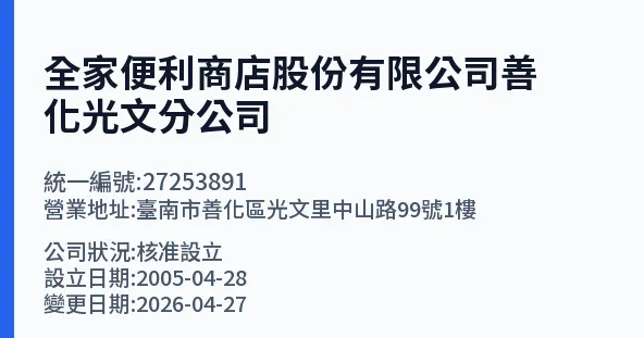 全家便利商店股份有限公司善化光文分公司的照片-統編 27253891(臺南市) 公司登記資料與營業項目詳細圖表