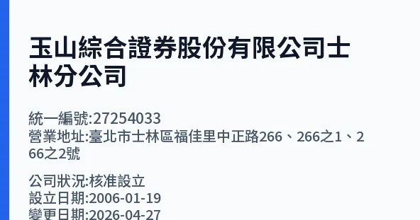 玉山綜合證券股份有限公司士林分公司的照片-統編 27254033(臺北市) 公司登記資料與營業項目詳細圖表