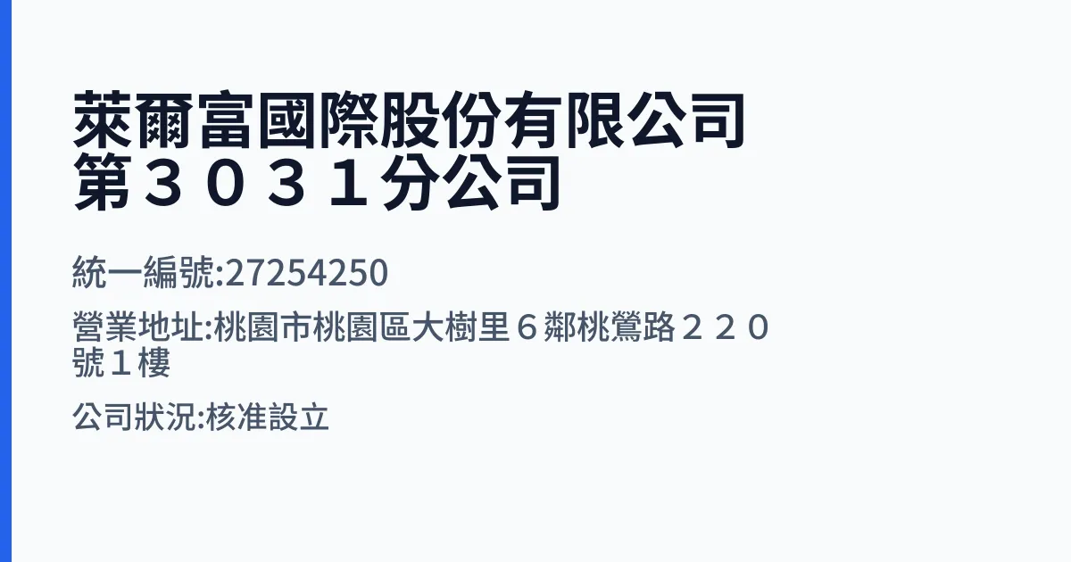 萊爾富國際股份有限公司第３０３１分公司 - 統編 27254250(桃園市) 公司登記資料與營業項目詳細圖表