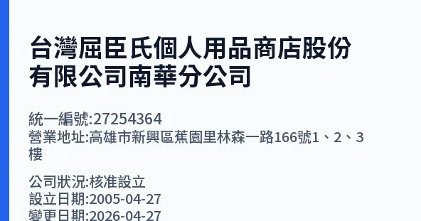 台灣屈臣氏個人用品商店股份有限公司南華分公司的照片-統編 27254364(高雄市) 公司登記資料與營業項目詳細圖表