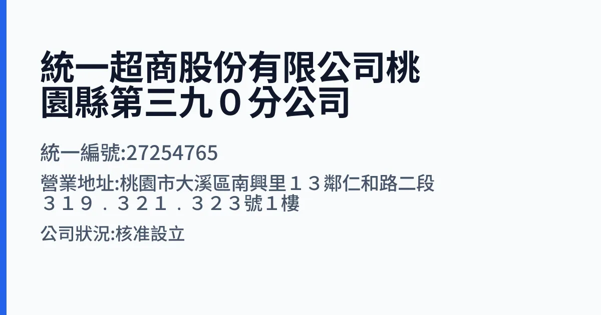 統一超商股份有限公司桃園縣第三九０分公司 - 統編 27254765(桃園市) 公司登記資料與營業項目詳細圖表