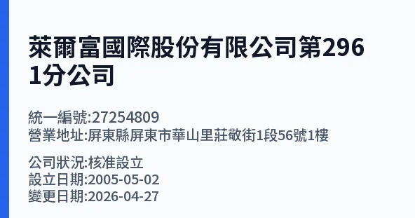 萊爾富國際股份有限公司第2961分公司的照片-統編 27254809(屏東縣) 公司登記資料與營業項目詳細圖表