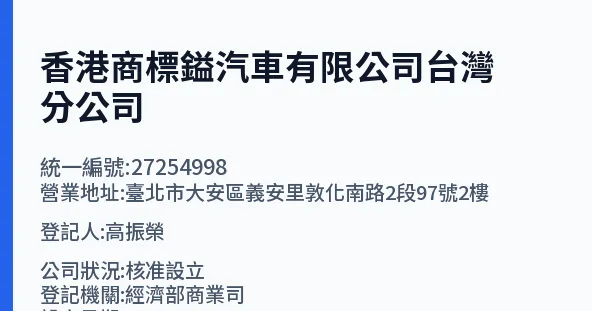 香港商標鎰汽車有限公司台灣分公司的照片-統編 27254998(臺北市) 公司登記資料與營業項目詳細圖表