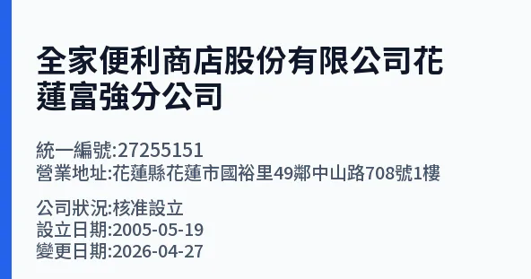全家便利商店股份有限公司花蓮富強分公司的照片-統編 27255151(花蓮縣) 公司登記資料與營業項目詳細圖表