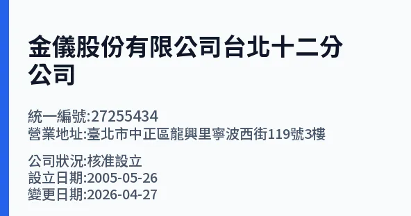 金儀股份有限公司台北十二分公司的照片-統編 27255434(臺北市) 公司登記資料與營業項目詳細圖表