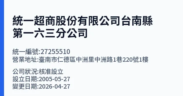 統一超商股份有限公司台南縣第一六三分公司的照片-統編 27255510(臺南市) 公司登記資料與營業項目詳細圖表