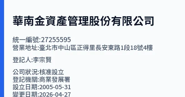 華南金資產管理股份有限公司的照片-統編 27255595(臺北市) 公司登記資料與營業項目詳細圖表