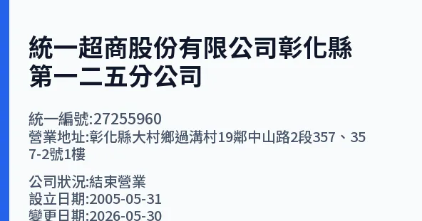 統一超商股份有限公司彰化縣第一二五分公司的照片-統編 27255960(彰化縣) 公司登記資料與營業項目詳細圖表