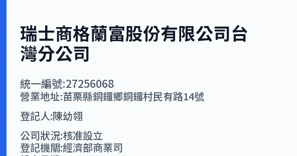 瑞士商格蘭富股份有限公司台灣分公司的照片-統編 27256068(苗栗縣) 公司登記資料與營業項目詳細圖表