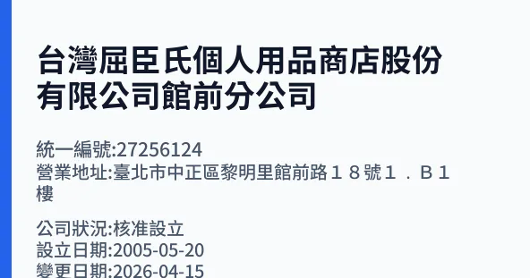 台灣屈臣氏個人用品商店股份有限公司館前分公司的照片-統編 27256124(臺北市) 公司登記資料與營業項目詳細圖表