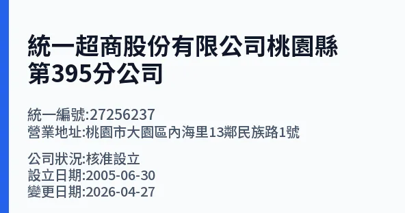 統一超商股份有限公司桃園縣第395分公司的照片-統編 27256237(桃園市) 公司登記資料與營業項目詳細圖表
