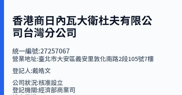 香港商日內瓦大衛杜夫有限公司台灣分公司的照片-統編 27257067(臺北市) 公司登記資料與營業項目詳細圖表