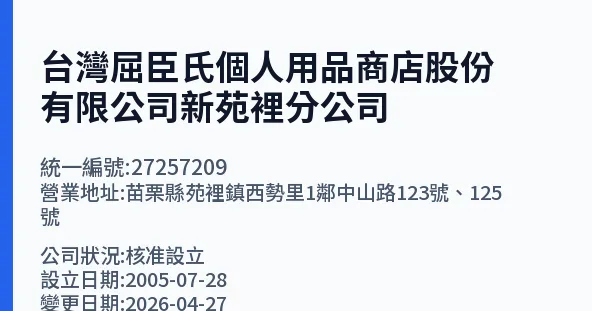 台灣屈臣氏個人用品商店股份有限公司新苑裡分公司的照片-統編 27257209(苗栗縣) 公司登記資料與營業項目詳細圖表