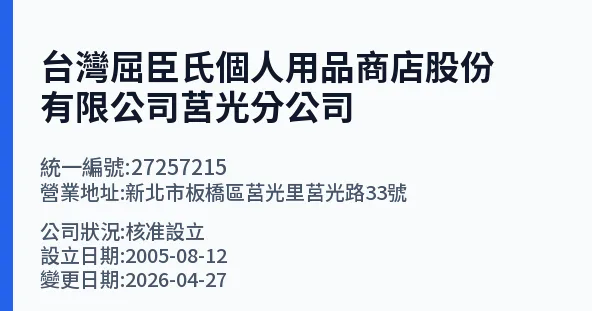 台灣屈臣氏個人用品商店股份有限公司莒光分公司的照片-統編 27257215(新北市) 公司登記資料與營業項目詳細圖表
