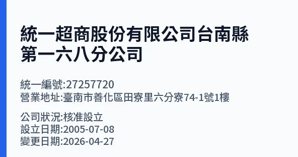 統一超商股份有限公司台南縣第一六八分公司的照片-統編 27257720(臺南市) 公司登記資料與營業項目詳細圖表