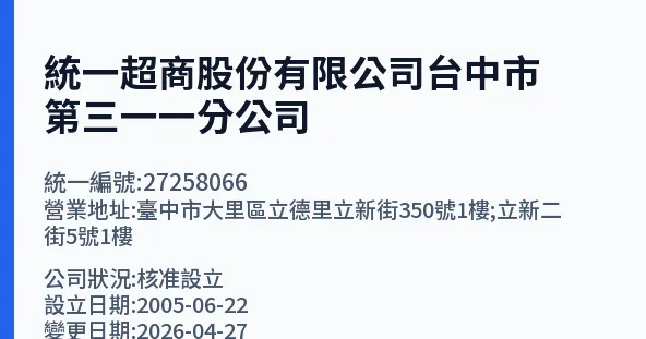 統一超商股份有限公司台中市第三一一分公司的照片-統編 27258066(臺中市) 公司登記資料與營業項目詳細圖表