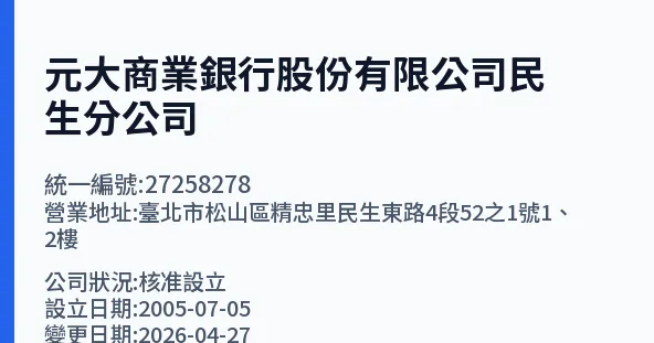元大商業銀行股份有限公司民生分公司的照片-統編 27258278(臺北市) 公司登記資料與營業項目詳細圖表