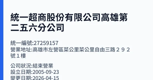 統一超商股份有限公司高雄第二五六分公司的照片-統編 27259157(高雄市) 公司登記資料與營業項目詳細圖表