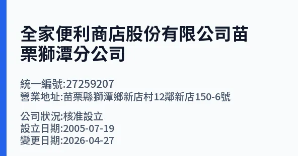 全家便利商店股份有限公司苗栗獅潭分公司的照片-統編 27259207(苗栗縣) 公司登記資料與營業項目詳細圖表