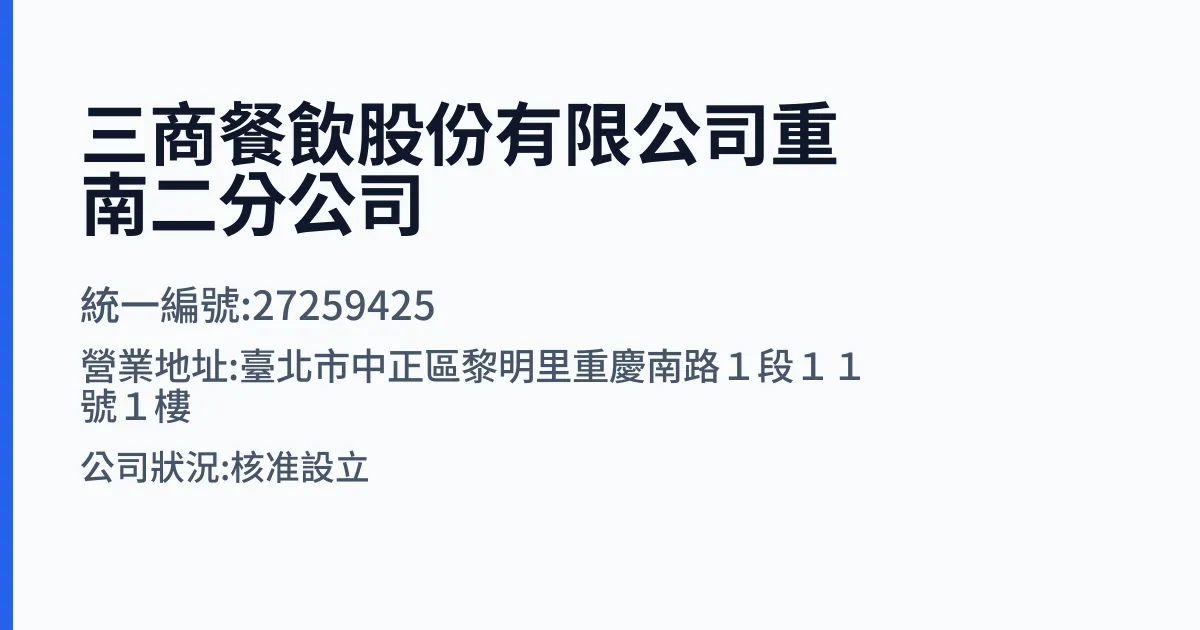 三商餐飲股份有限公司重南二分公司 - 統編 27259425(臺北市) 公司登記資料與營業項目詳細圖表