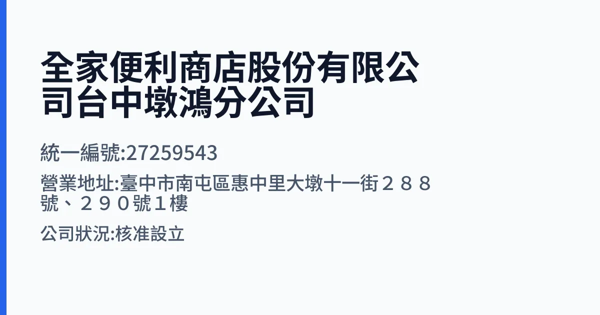 全家便利商店股份有限公司台中墩鴻分公司 - 統編 27259543(臺中市) 公司登記資料與營業項目詳細圖表
