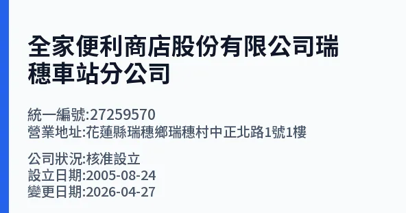 全家便利商店股份有限公司瑞穗車站分公司的照片-統編 27259570(花蓮縣) 公司登記資料與營業項目詳細圖表