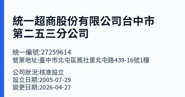 統一超商股份有限公司台中市第二五三分公司的照片-統編 27259614(臺中市) 公司登記資料與營業項目詳細圖表