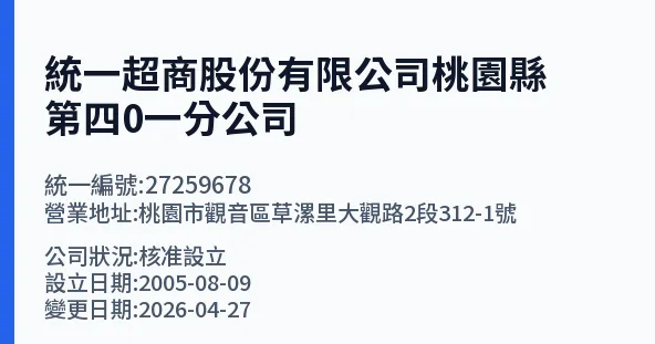 統一超商股份有限公司桃園縣第四0一分公司的照片-統編 27259678(桃園市) 公司登記資料與營業項目詳細圖表