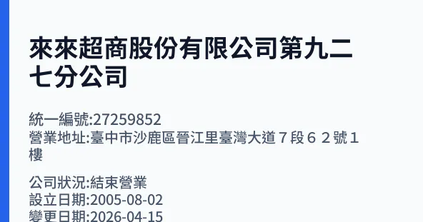 來來超商股份有限公司第九二七分公司的照片-統編 27259852(臺中市) 公司登記資料與營業項目詳細圖表