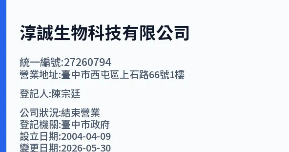 淳誠生物科技有限公司的照片-統編 27260794(臺中市) 公司登記資料與營業項目詳細圖表
