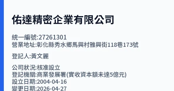 佑達精密企業有限公司的照片-統編 27261301(彰化縣) 公司登記資料與營業項目詳細圖表