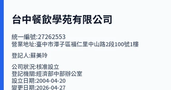 台中餐飲學苑有限公司的照片-統編 27262553(臺中市) 公司登記資料與營業項目詳細圖表