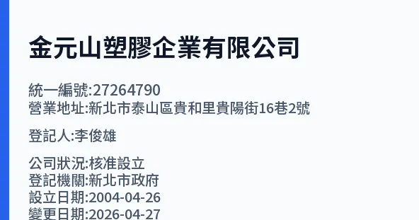 金元山塑膠企業有限公司的照片-統編 27264790(新北市) 公司登記資料與營業項目詳細圖表
