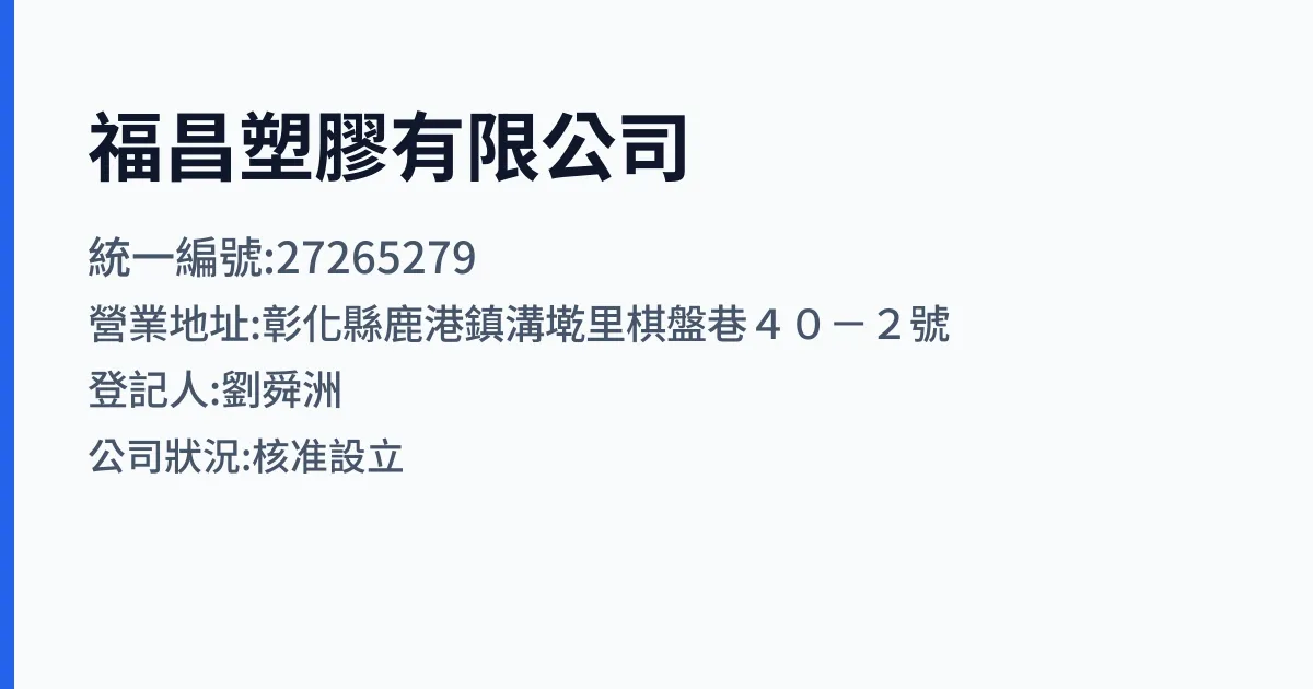 福昌塑膠有限公司 - 統編 27265279(彰化縣) 公司登記資料與營業項目詳細圖表